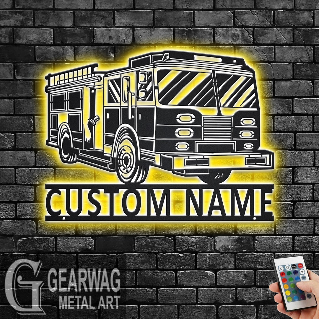 Custom Fire Truck Metal Wall Art With LED Light, Personalized Fire ...