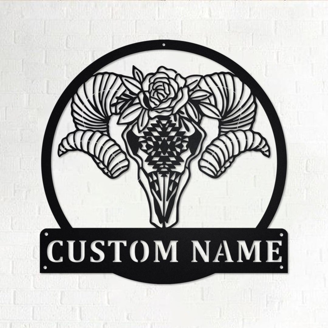 Custom Ram Skull Flower Metal Wall Art, Personalized Ram Skull Name ...