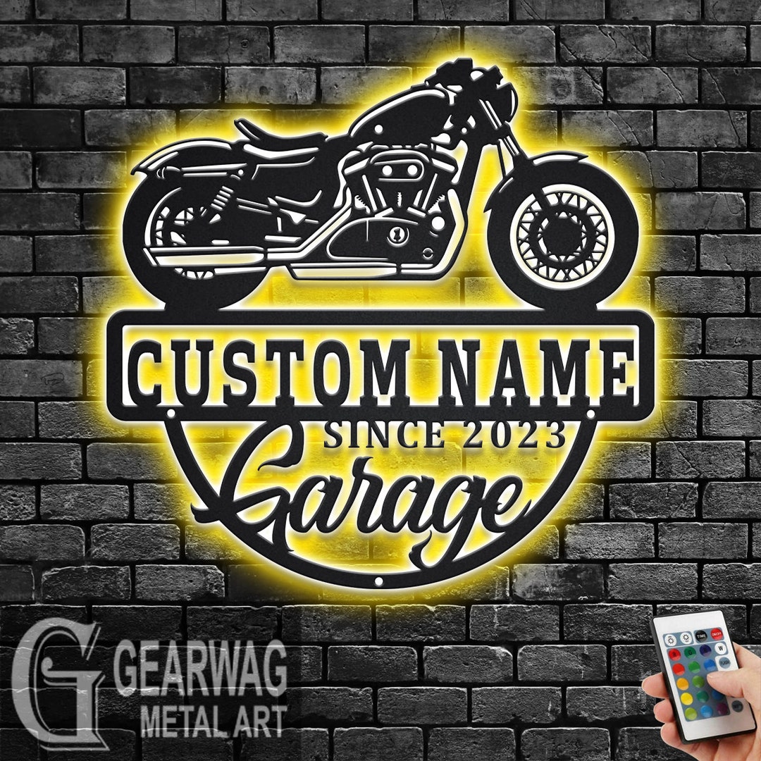 Personalized Motorcycle Garage Metal Sign With LED Lights - Etsy