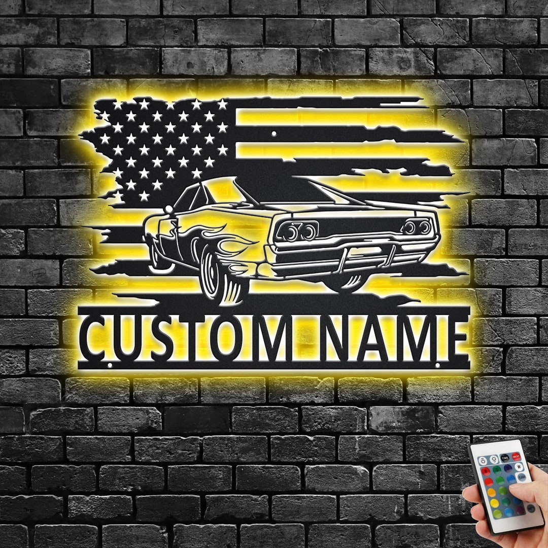 Custom US Muscle Car Metal Wall Art With LED Light, Personalized Garage ...