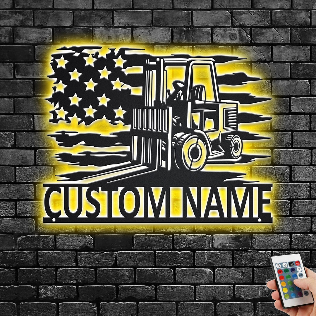 Custom US Forklift Metal Wall Art With LED Light, Personalized Forklift ...