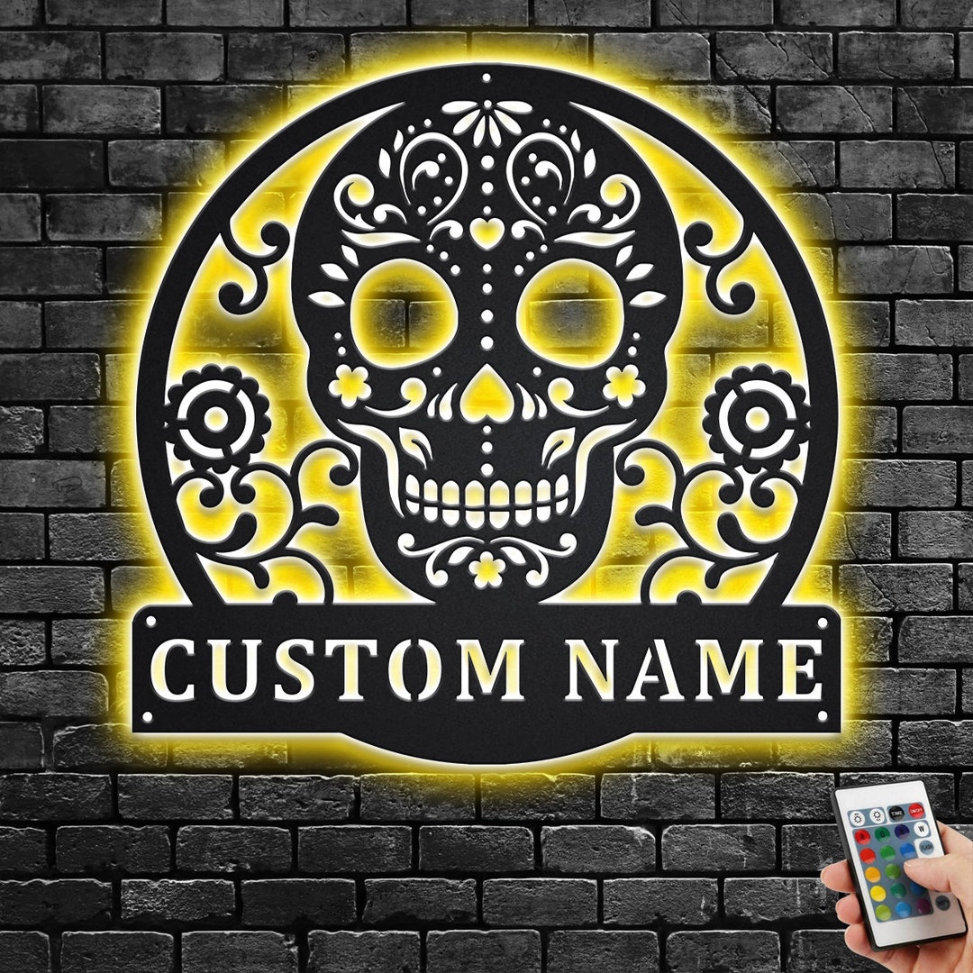 Custom Sugar Skull Metal Wall Art With LED Light, Personalized Sugar ...