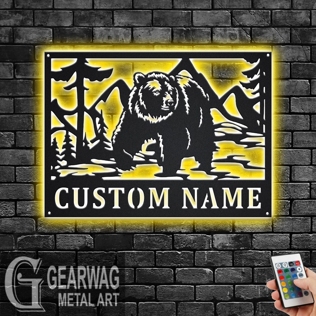 Custom Bear Wildlife Metal Wall Art With LED Light, Personalized Bear ...