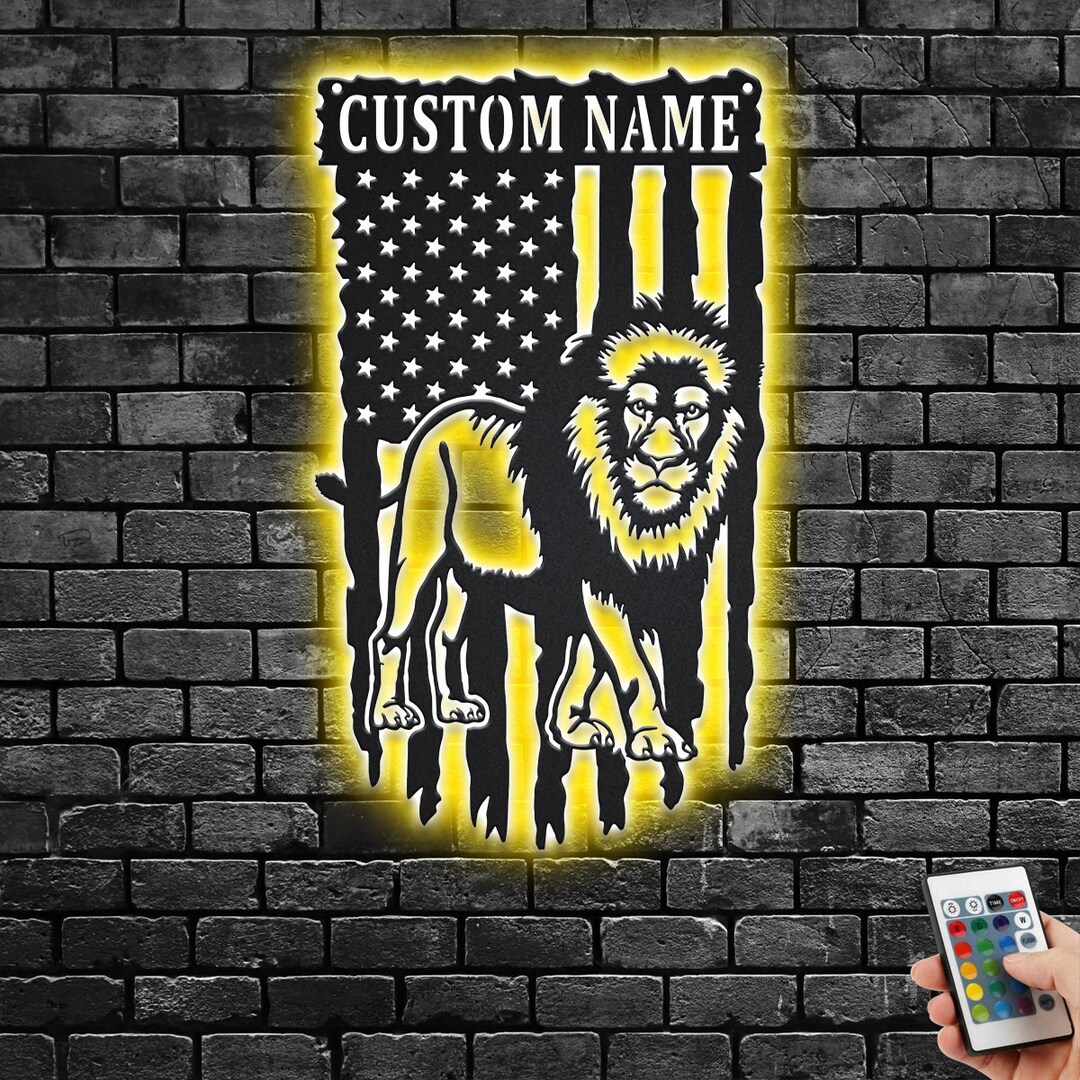 Custom US Lion Metal Wall Art With LED Light, Personalized Lion Name ...