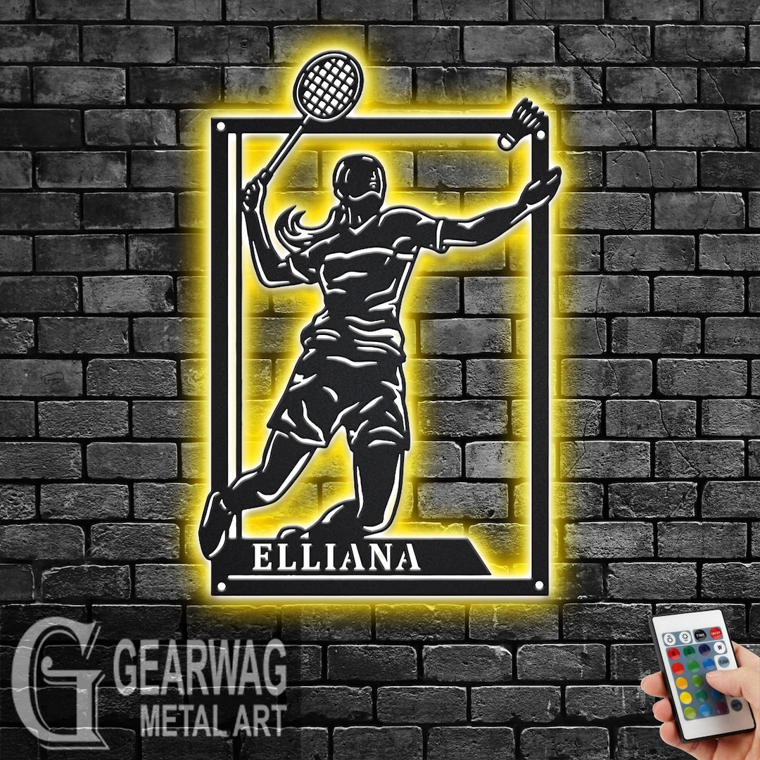 Custom Female Badminton Signage Metal Wall Art With LED Light ...