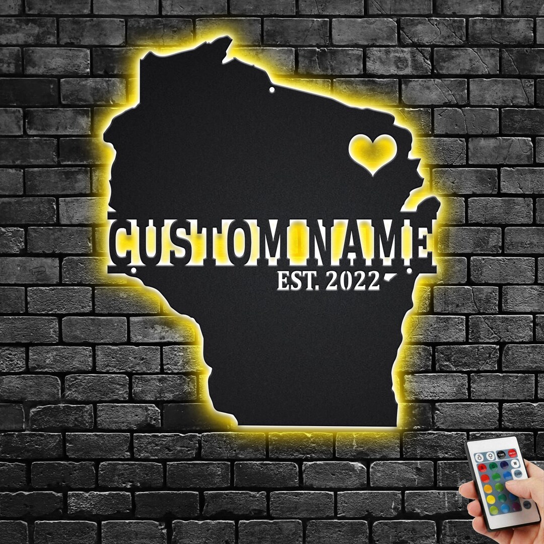 Custom Wisconsin Map Metal LED Sign: Personalized State Wall Art - Etsy