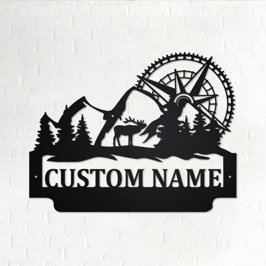 Custom Mountains Deer Compass Metal Wall Art, Personalized Mountains ...