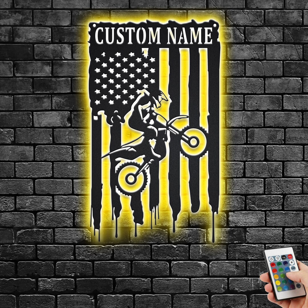 Custom Biker Metal Wall Art With LED Light, Personalized US Dirt Bike ...