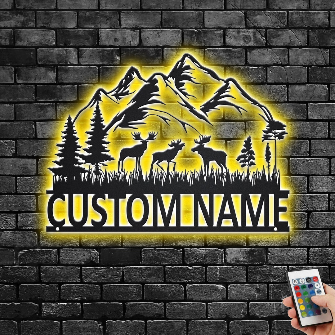 Custom Moose Moutain Metal Wall Art With LED Light, Personalized Moose ...