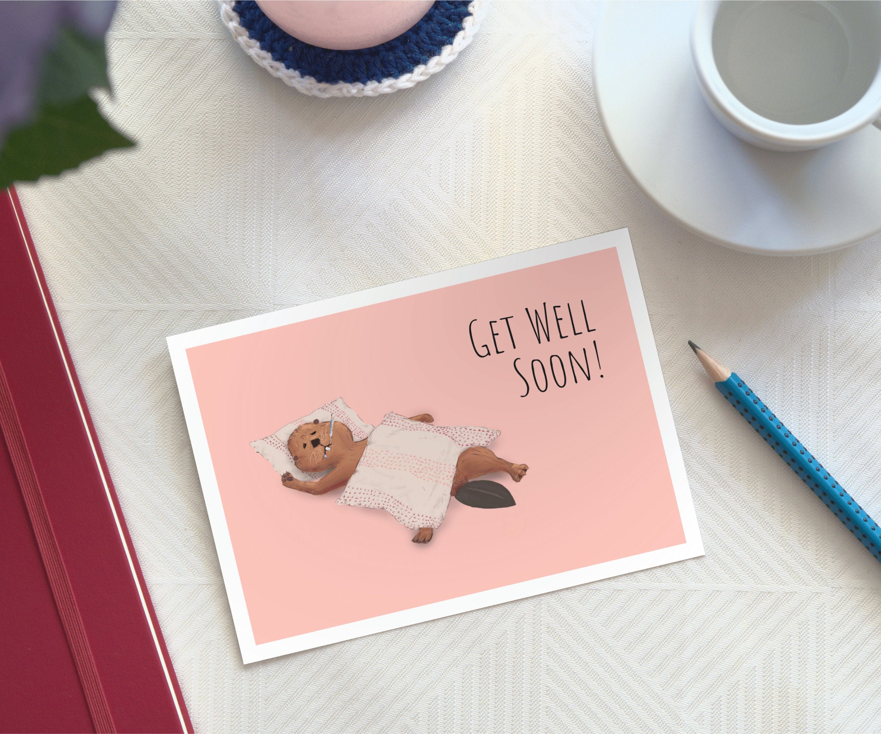 Postcard - Get Well Soon - Sick Beaver in Bed - Etsy