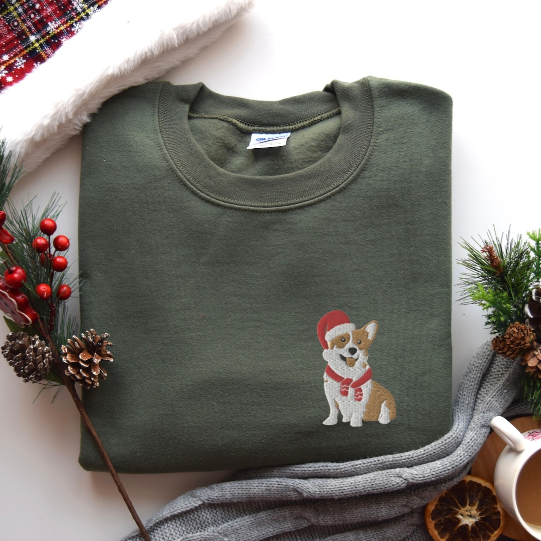 Embroidered Christmas Corgi Sweatshirt, Corgi Santa Embroidery, Festive ...