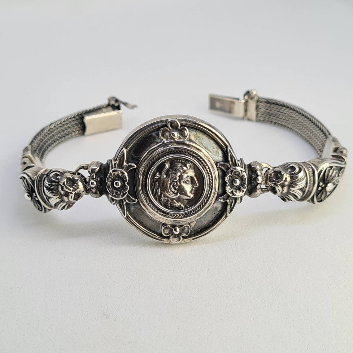 Alexander the Great and Lion Heads Bracelet in Sterling Silver 925 With ...