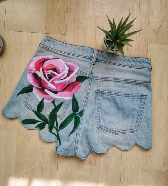 Custom hand painted high waist denim shorts with rose floral | Etsy