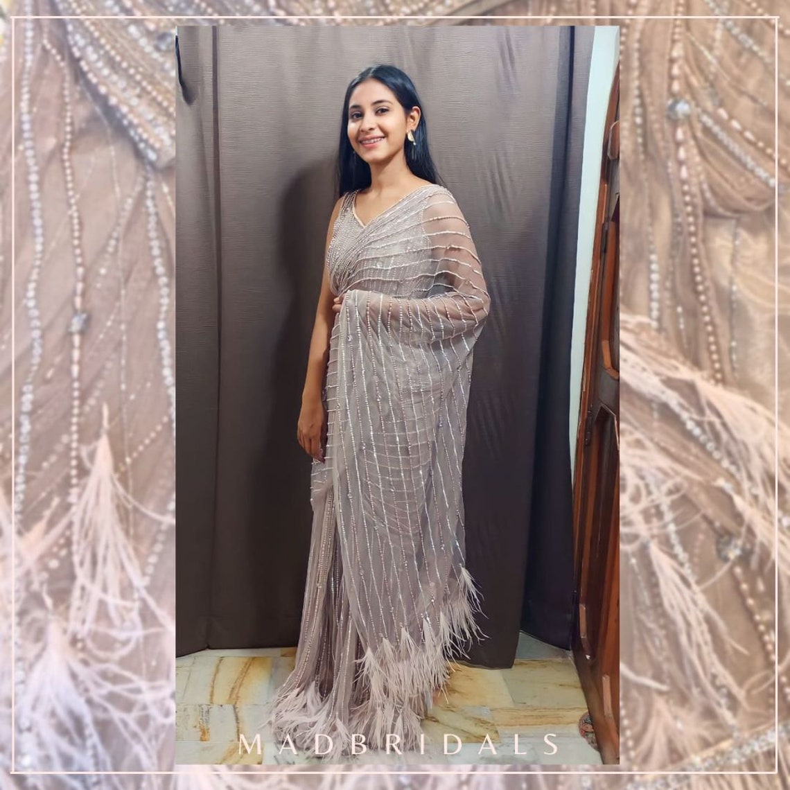 Handmade Saree With Feather Trim and Ivory Beads Hand Embellishments ...