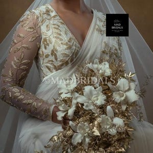Handmade Ivory Bridal Saree, Wedding Dress Gold Wedding Lehenga Latest ...