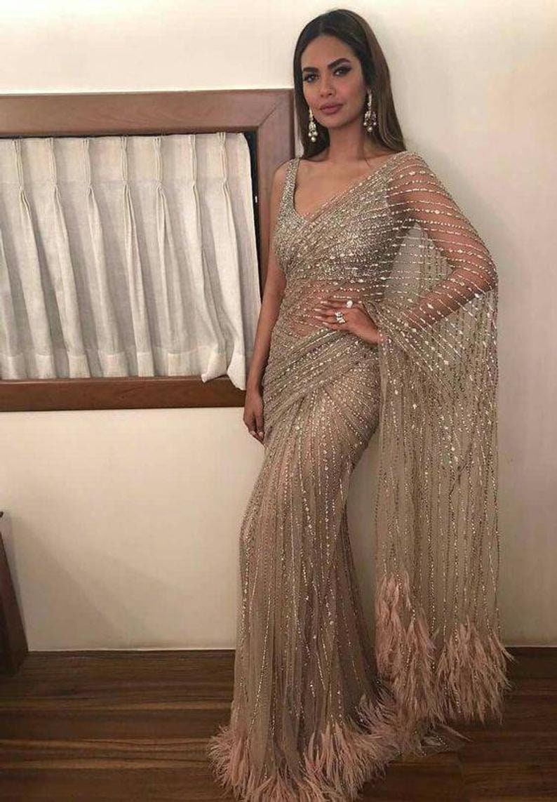 Handmade Saree with Feather Trim and Ivory Beads Hand | Etsy