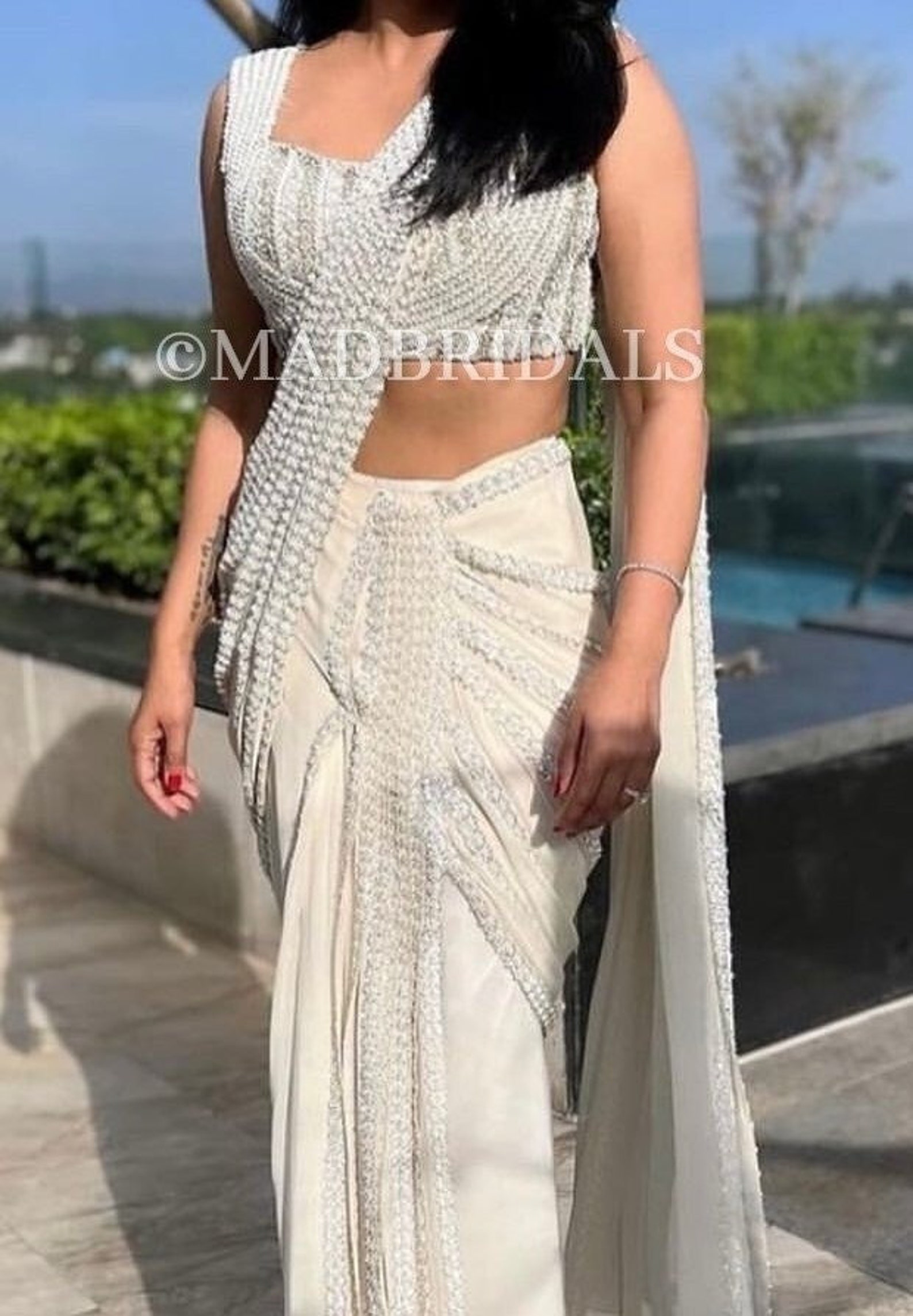 PRE-ORDER Handmade Draped Pearl off White Chiffon Sheer High Slit ...