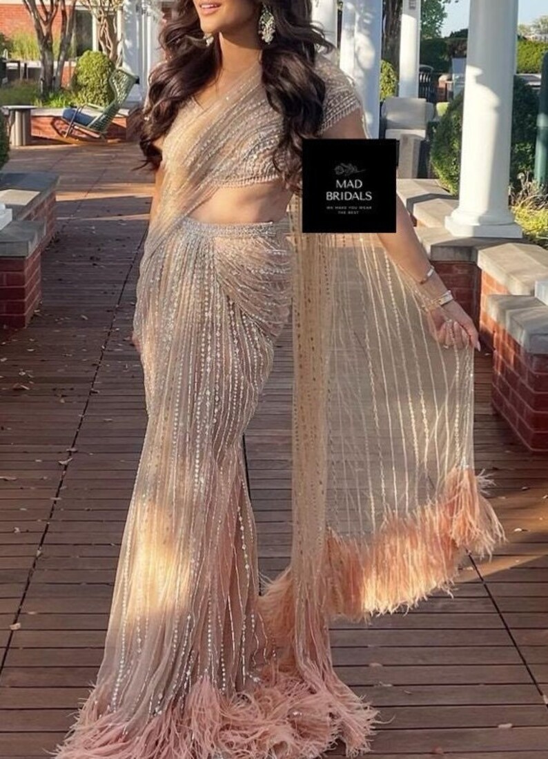 Handmade Saree With Feather Trim and Ivory Beads Hand Embellishments ...