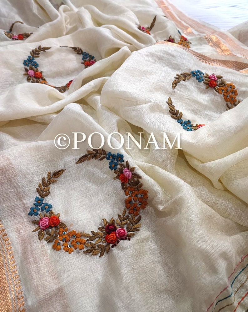 Handmade Resham Embroidery Pure Linen Silk Saree, Designer Silk Saree ...