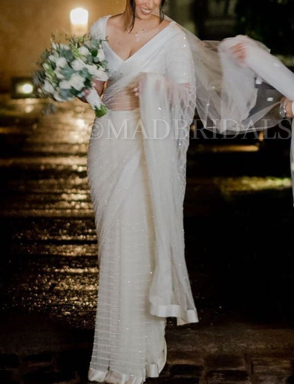Handmade Saree With Feather Trim Border and Ivory Beads Hand ...