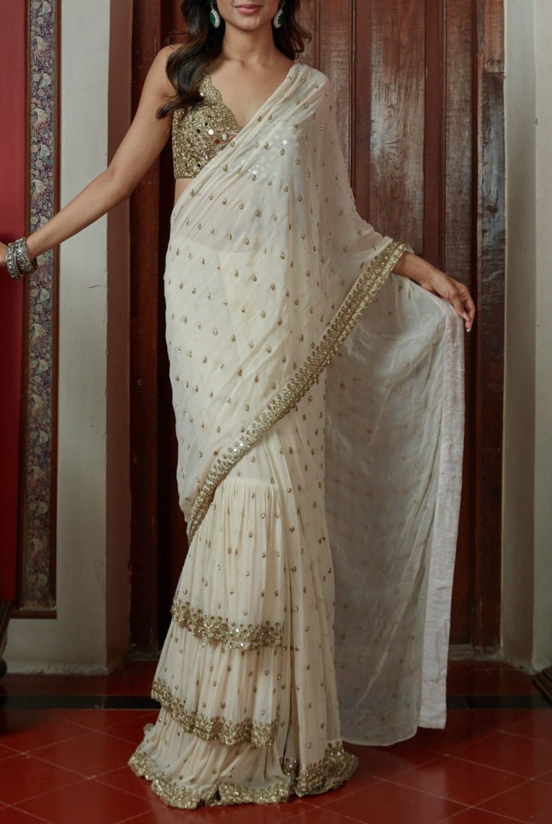 Handmade Ivory Mirror Work Georgette Saree Party Wear Saree , Mirror ...