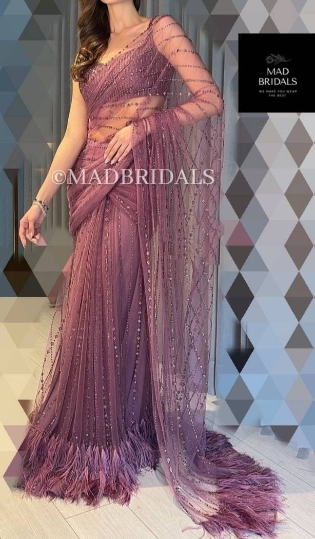 Handmade Saree With Feather Trim and Ivory Beads Hand Embellishments ...