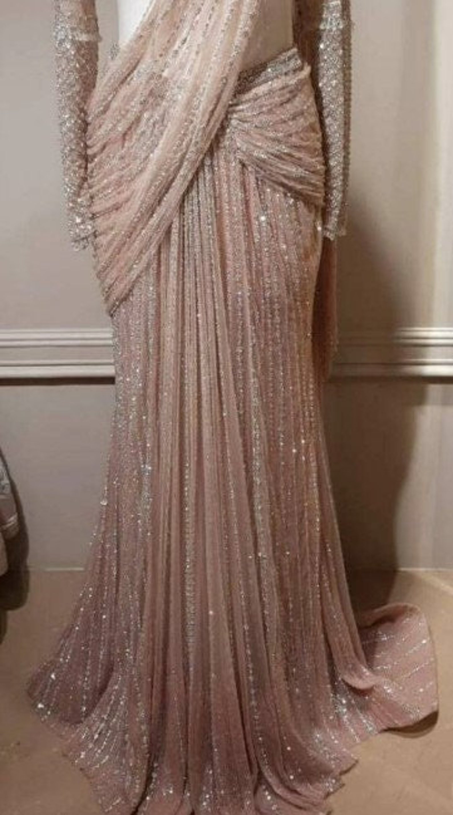 Handmade Saree With Feather Trim and Ivory Beads Hand Embellishments ...
