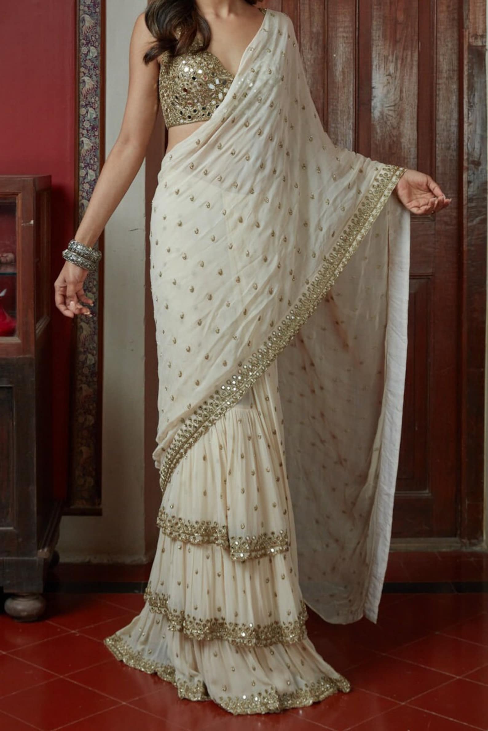 Handmade Ivory Mirror Work Georgette Saree Party Wear Saree , Mirror ...