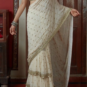 Handmade Ivory Mirror Work Georgette Saree Party Wear Saree , Mirror ...
