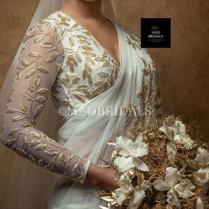 Handmade Ivory Bridal Saree, Wedding Dress Gold Wedding Lehenga Latest ...