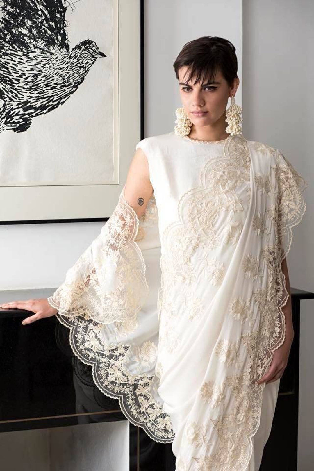 Ivory Parsi Gara Saree, Gara Embroidered Saree, Ivory Wedding Saree ...
