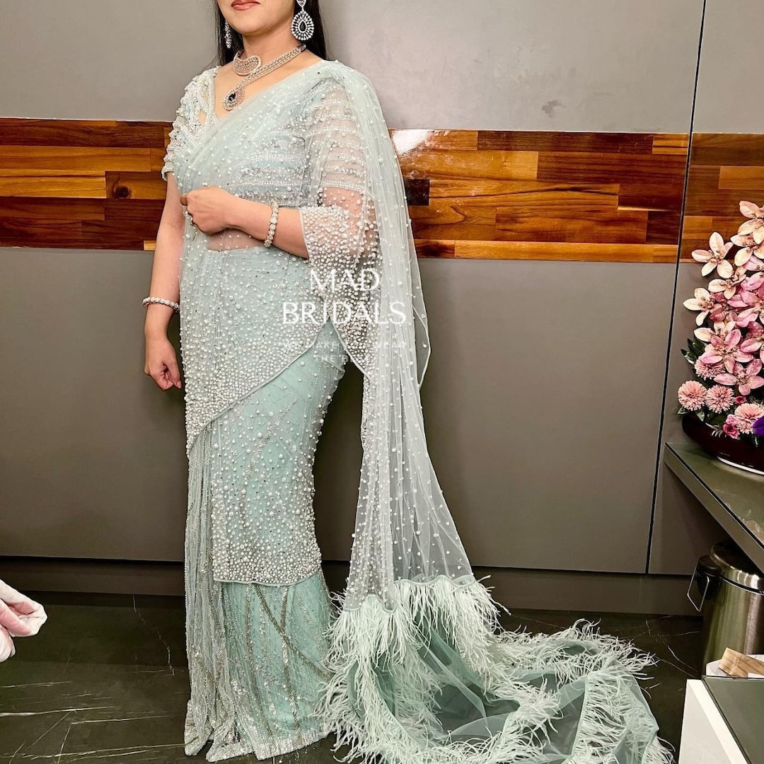 Handmade Saree With Feather Trim and Ivory Beads Hand Embellishments ...