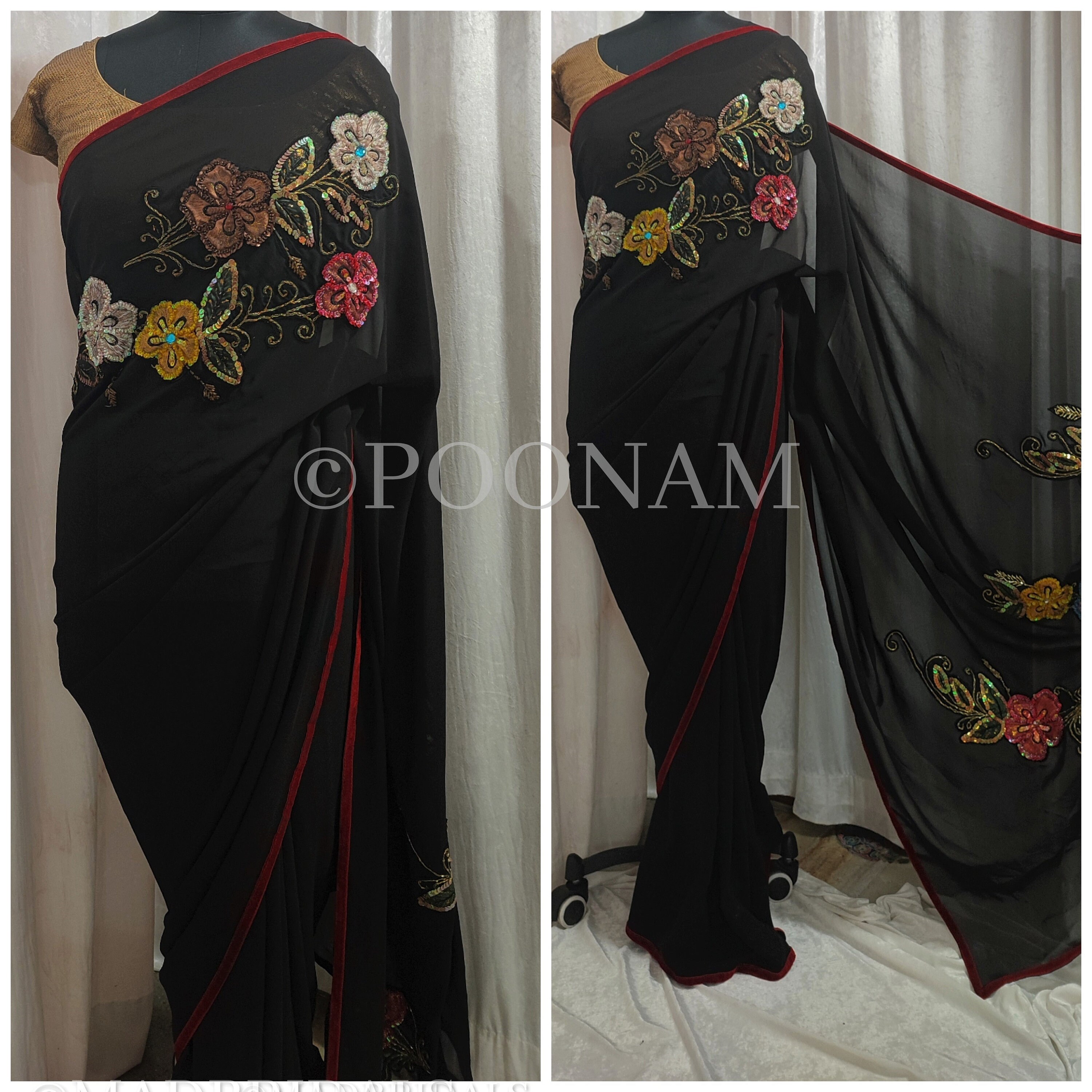Pure Georgette Hand Work Saree With Blouse Sare Floral Handwork Saree ...