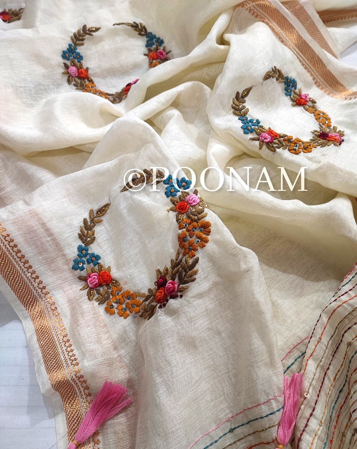 Handmade Resham Embroidery Pure Linen Silk Saree, Designer Silk Saree ...