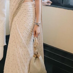 Handmade Ivory Mirror Work Georgette Saree Party Wear Saree , Mirror ...