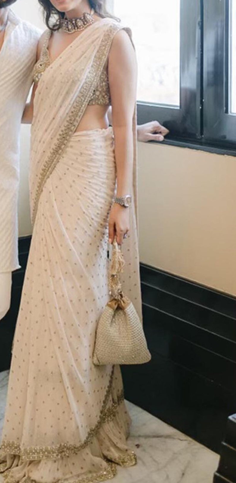 Handmade Ivory Mirror Work Georgette Saree Party Wear Saree , Mirror ...