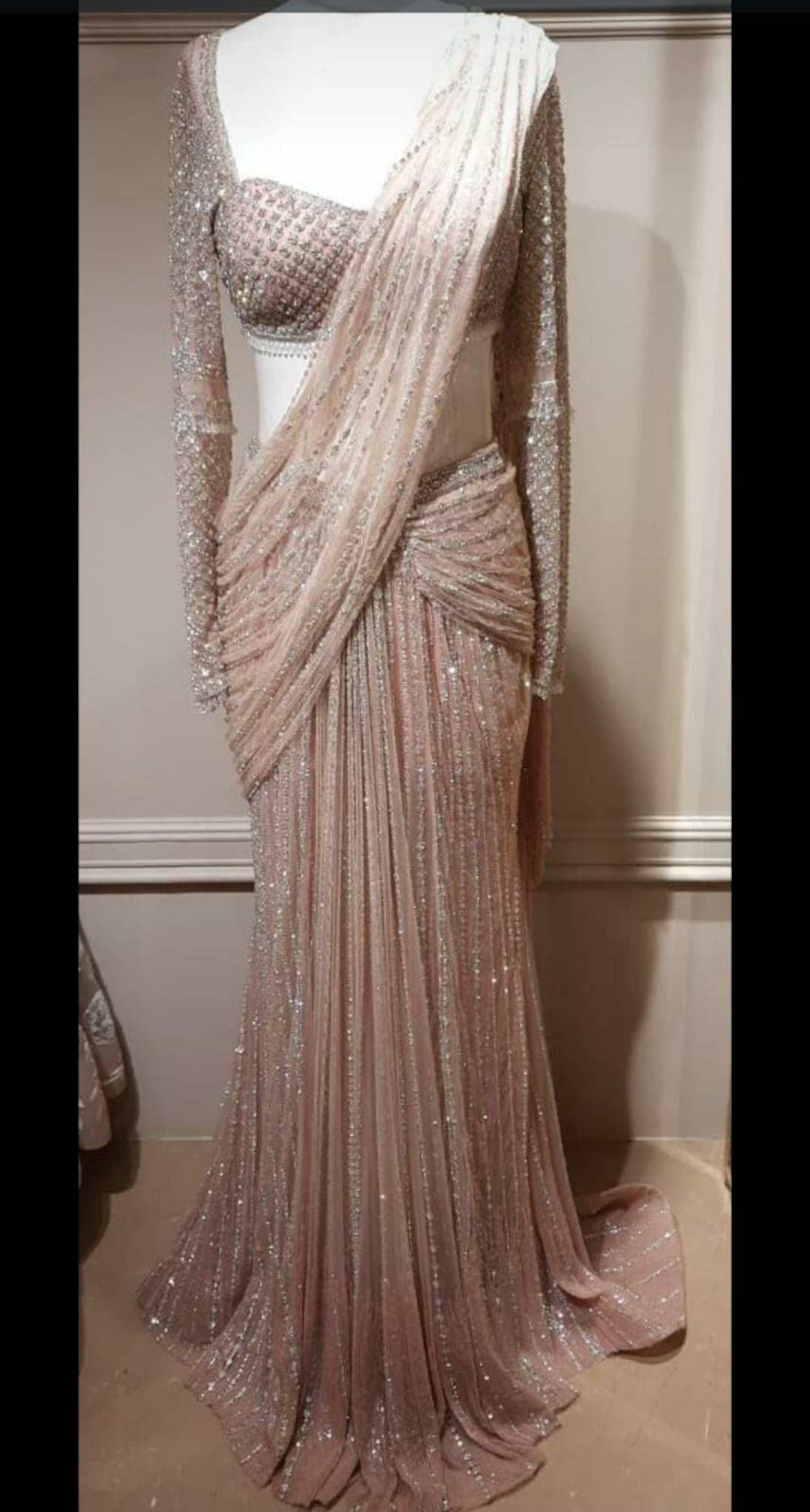 Handmade Saree With Feather Trim and Ivory Beads Hand Embellishments ...