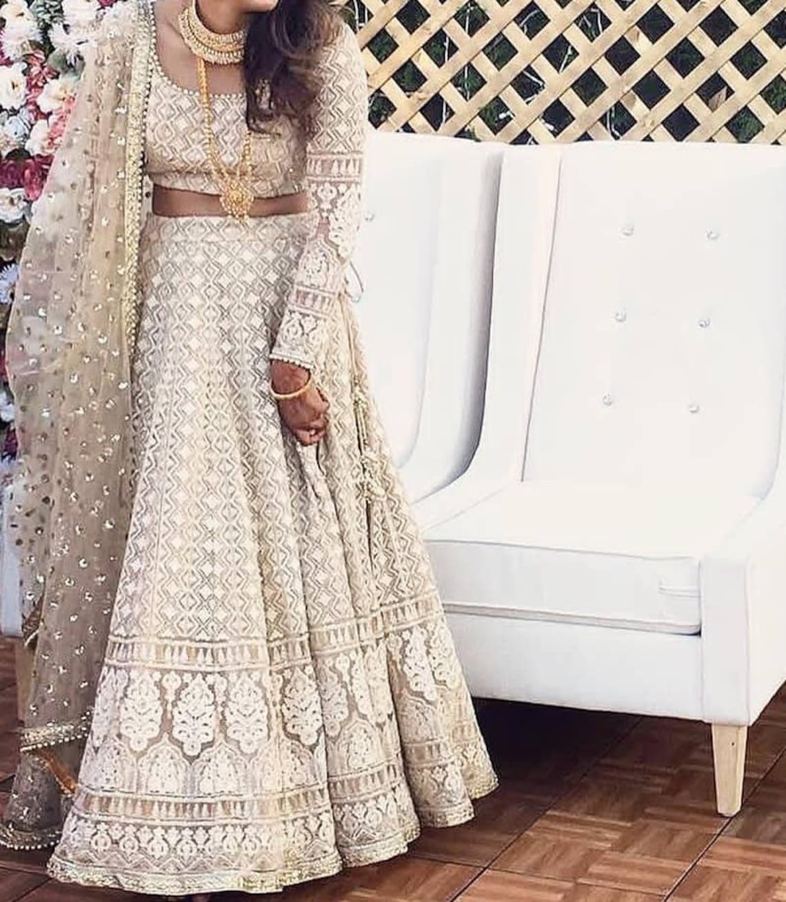 Handmade ivory Lucknowi chikankari lehenga with blouse bridal | Etsy