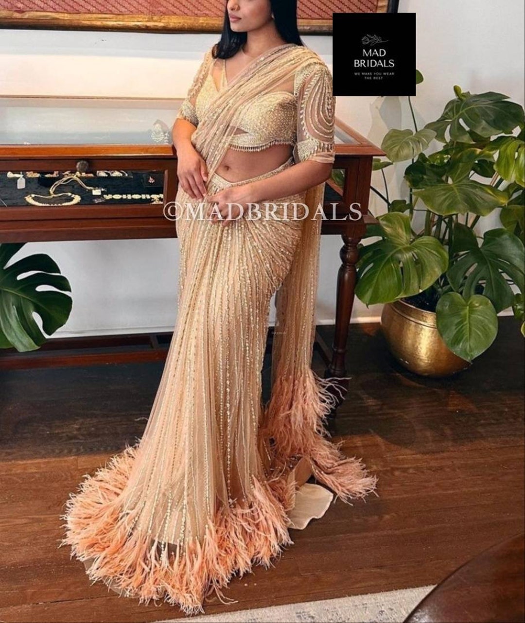 Handmade Saree With Feather Trim and Ivory Beads Hand Embellishments ...