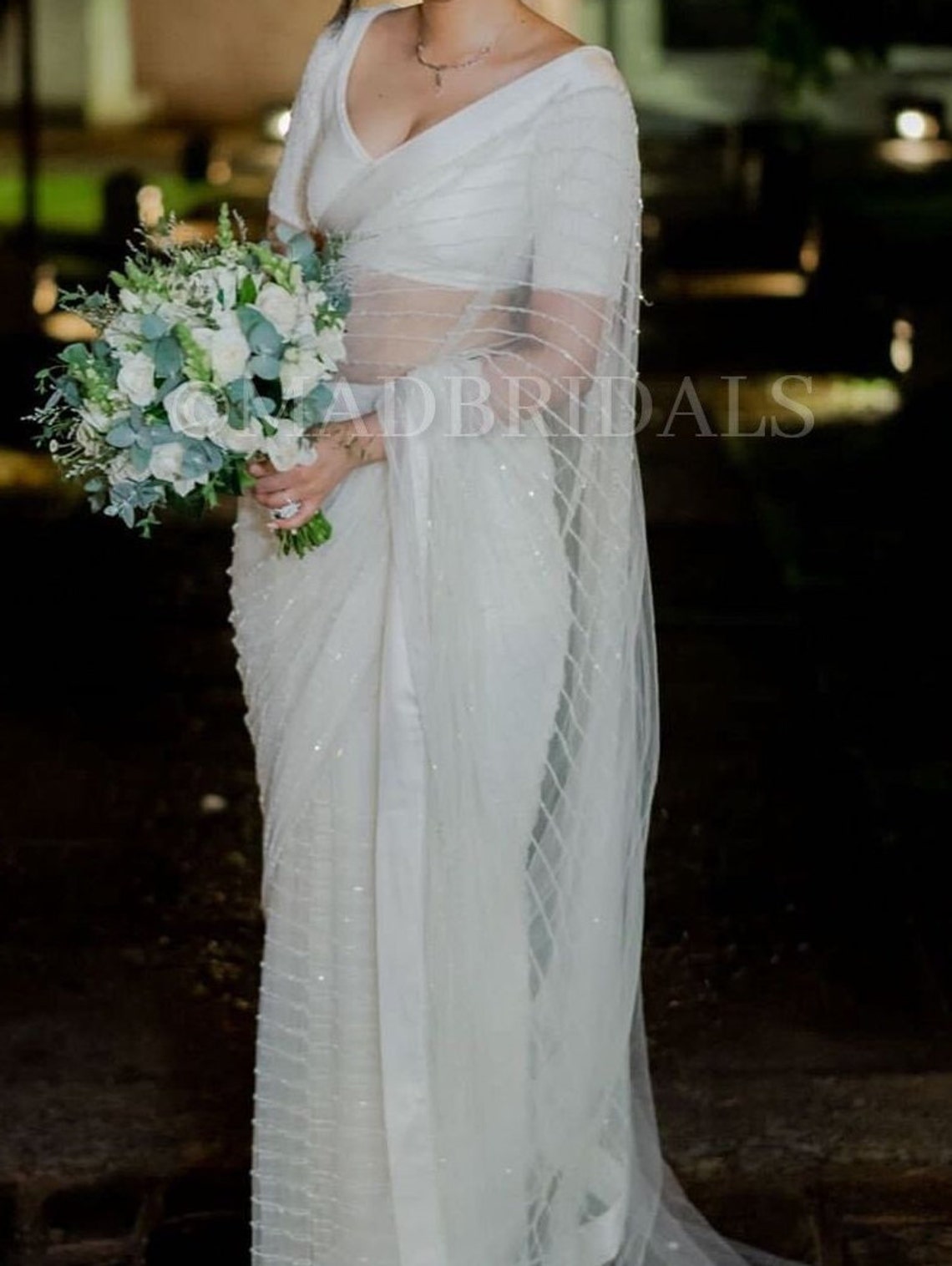 Handmade Saree With Feather Trim Border and Ivory Beads Hand ...