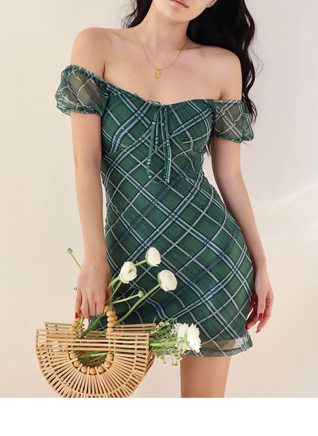 Emerald Green Plaid Mini off Shoulder Dress White Lines Ruffle Frill ...