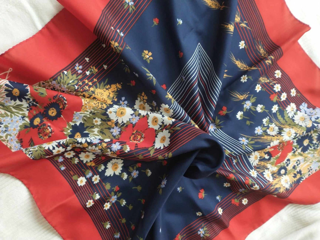 Vintage 70s LEONARDI Scarf With Red, Navy and White Floral and ...