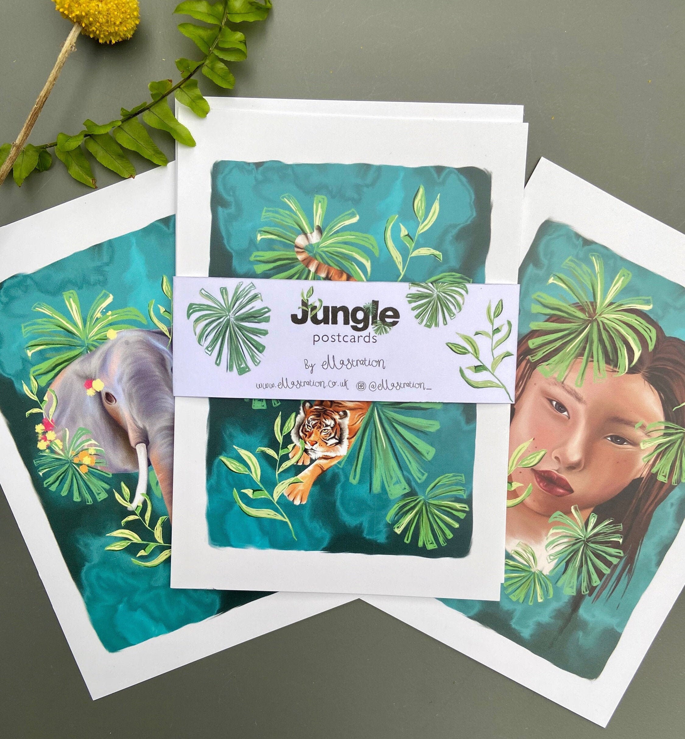 Jungle Postcards - Jungle Mini Prints - Tiger Elephant Lady Leaves ...