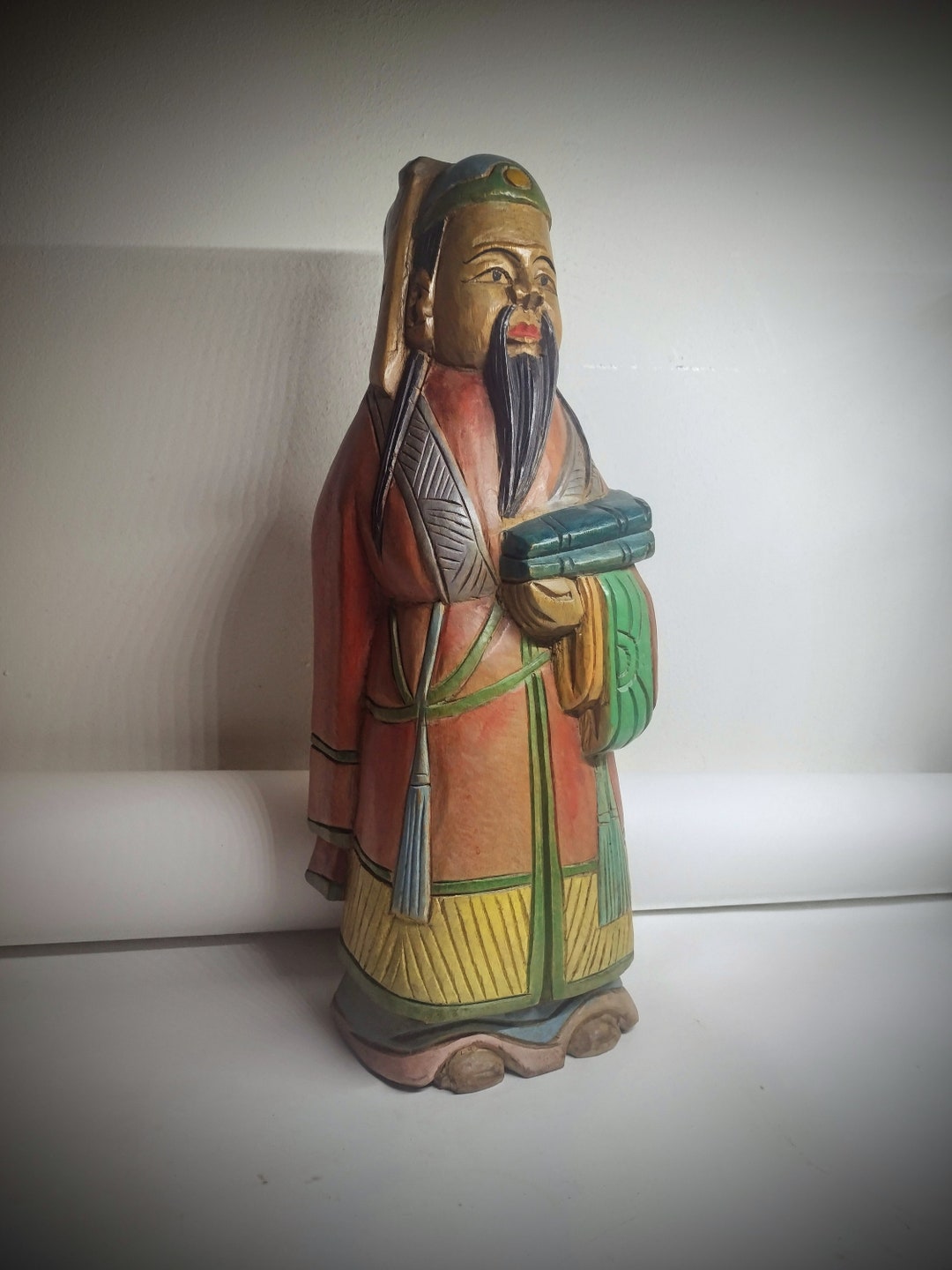Large Vintage Wooden Chinese Wise Man FU Immortality Luck Statue 48cm ...