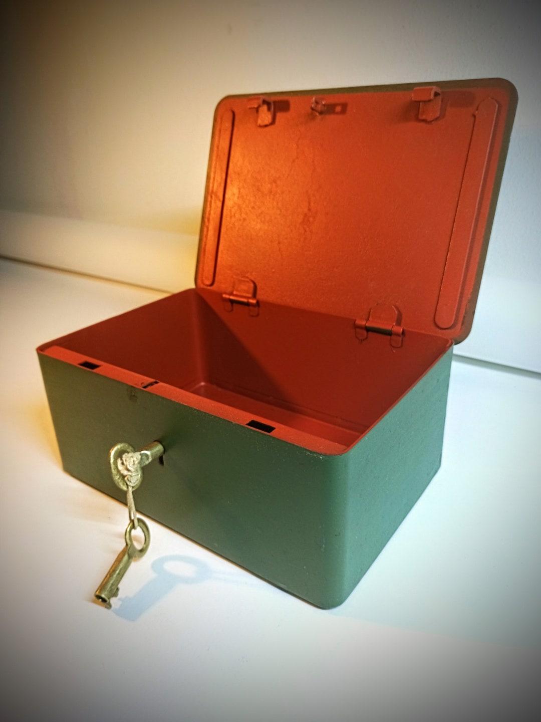 Vintage GREEN Metal Heavy Money Box-volt "safety" 2 Original Keys ...