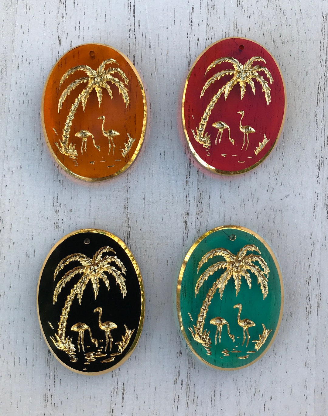 Gold Leaf Palm Tree Flamingo Pendant: Vintage German Crystal Intaglio ...