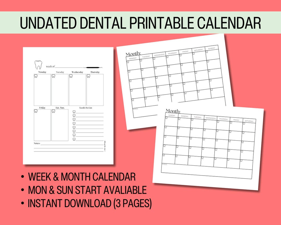 Dental Tooth Blank Undated PDF Printable Monthly and Weekly Calendar 8. ...