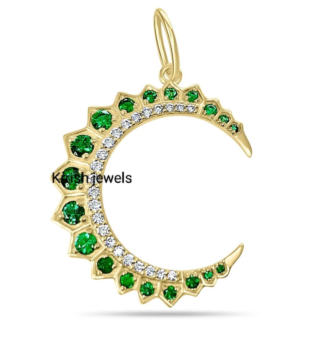 Gorgeous Emeralds and Diamond Make up This 14k Yellow Gold Crescent Moon Charm, Moissanite ...
