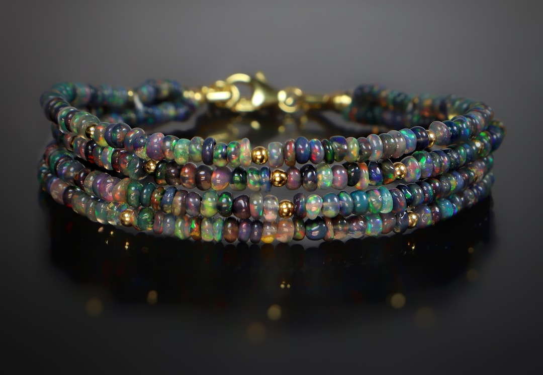 4 Strand Black Fire Opal Bracelet for Women, AAA Ethiopian Opal Bracelet, October Birthstone ...