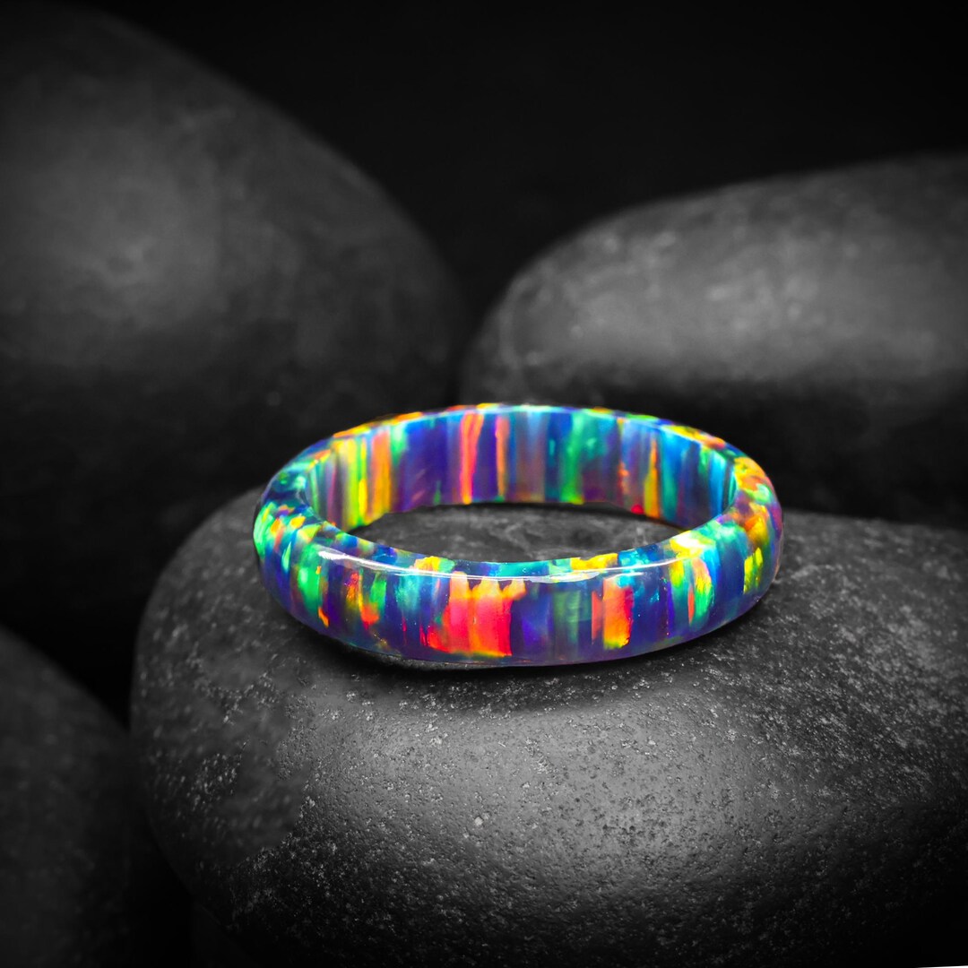 Fire Black Opal Band, Multifire Opal Gemstone Ring, October Birthstone ...